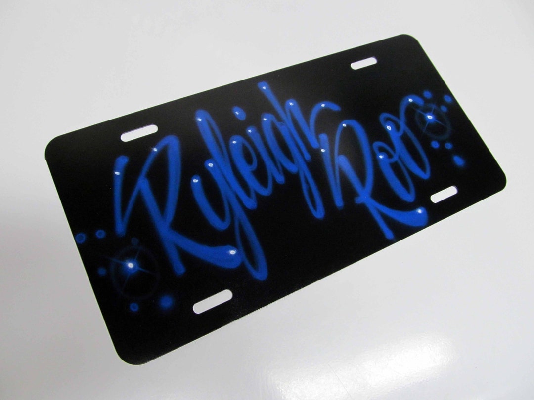 Front License Plate Personalized Airbrushed Blue Script Name on Black ...