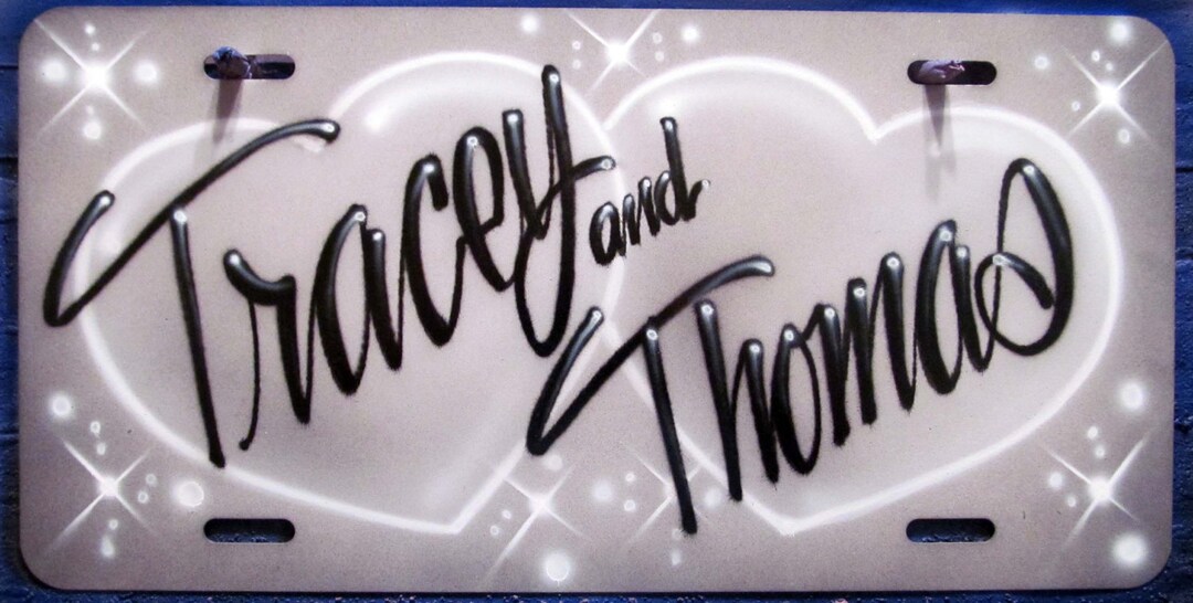 Custom Airbrushed License Plate: Two Names, Double Hearts - Etsy