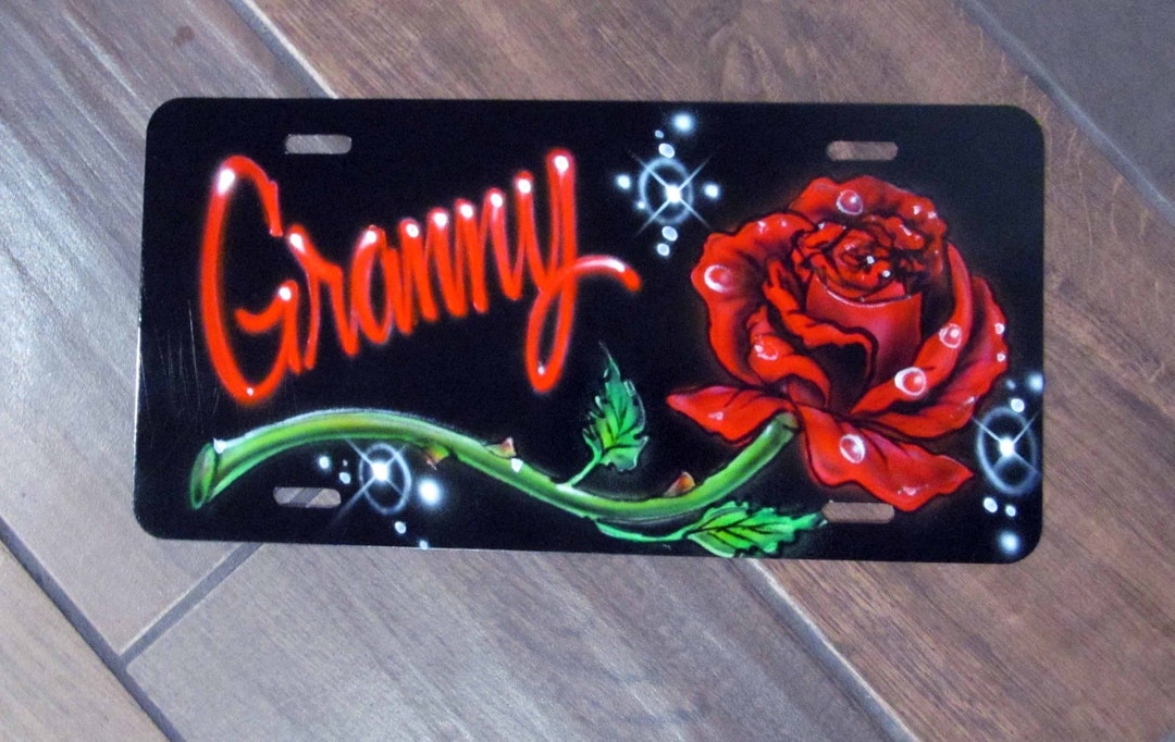 Front License Plate Airbrush Red Rose Car Tag Custom Airbrushed Rose ...