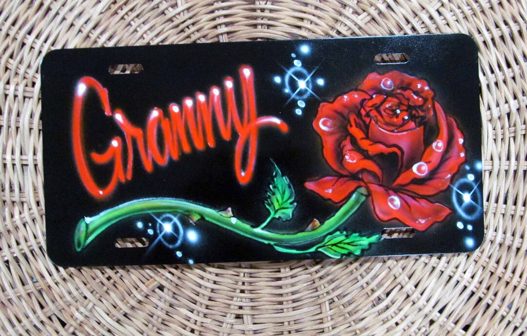 Car Tag Airbrushed Red Rose Name Front License Plate Custom Air Brush ...