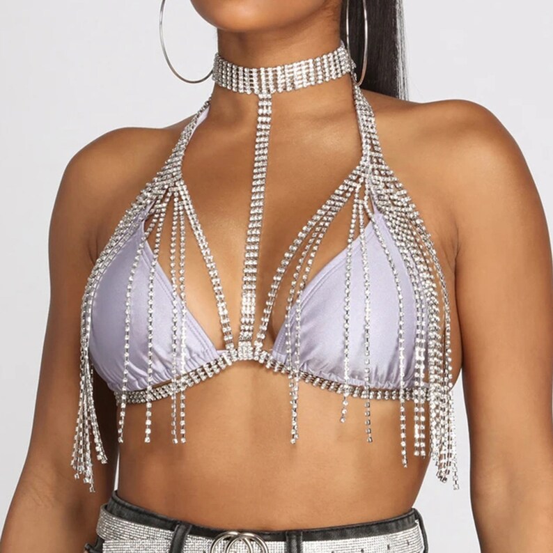Crystal Rhinestone Tassel Body Chain Bralette Chain Bra Etsy