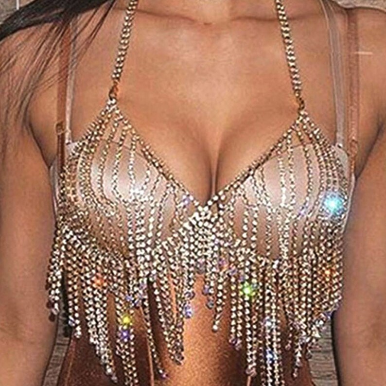 Crystal Rhinestone Tassel Body Chain Bralette Chain Bra Etsy