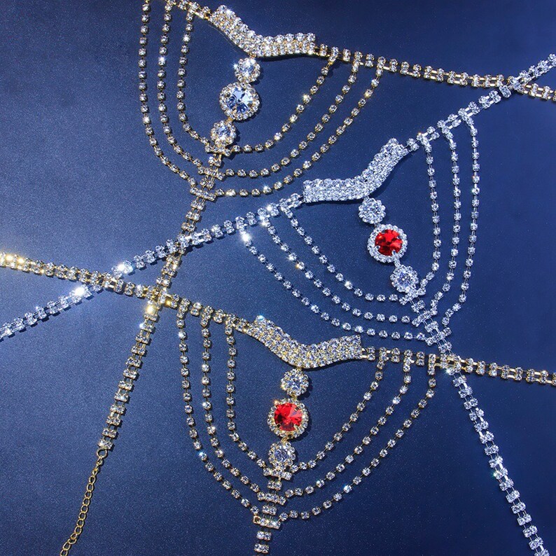 Sexy Crystal Rhinestone Chest Breast Chain Body Chain Collier Etsy