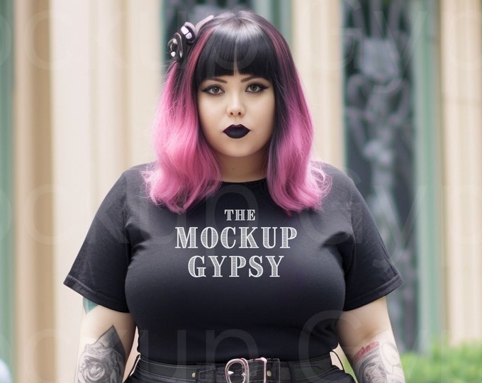 Pastel Goth Black Short Sleeve T Shirt Mockup, Plus Size Model Goth ...