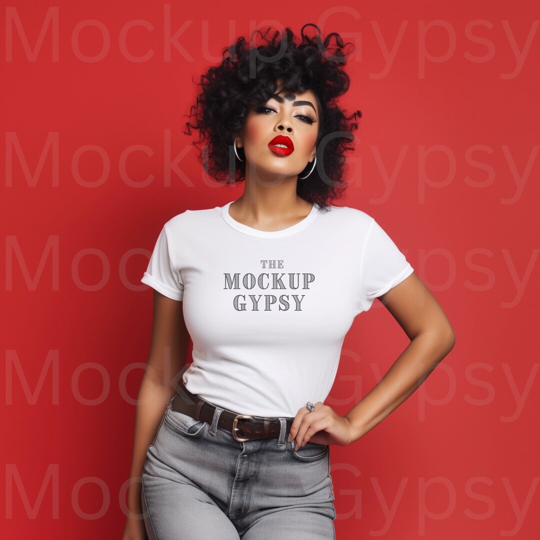 Rockabilly White T Shirt Mockup, African American Female Model White T ...