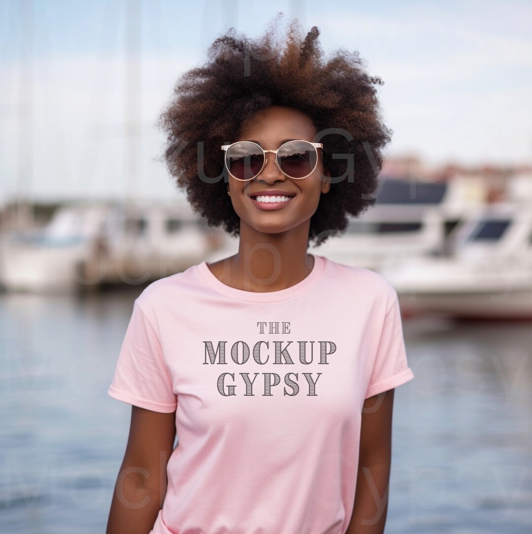 Bella Canvas 3000 Pink T Shirt Mockup, Black Female Model Soft Pink T ...