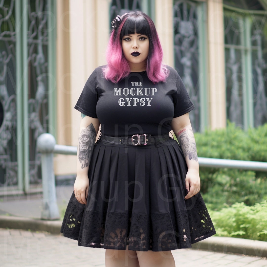 Pastel Goth Black Short Sleeve T Shirt Mockup, Plus Size Model Goth ...