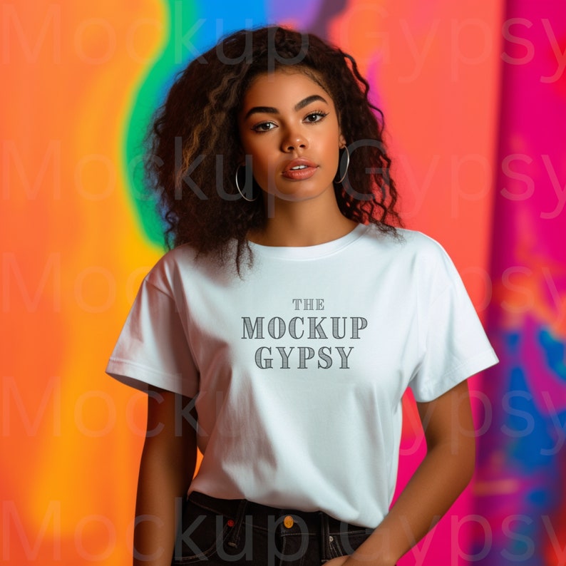 Bella Canvas 3001 White T Shirt Mockup Black Woman Model White T Shirt
