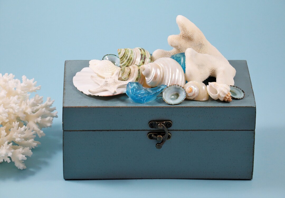 Beach Decor, Mermaid Gift, Seashell Box, Blue and White Shell Box ...