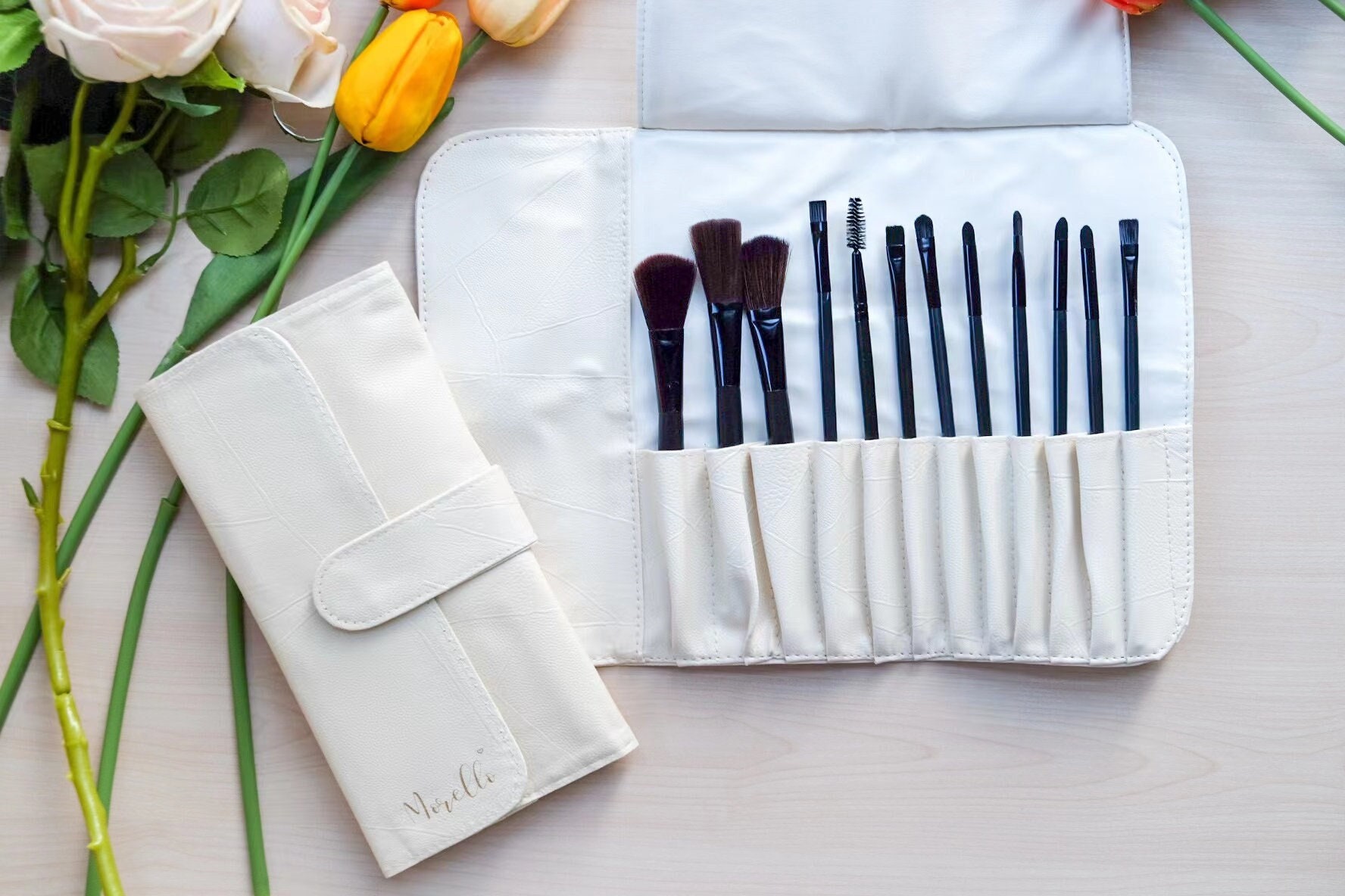 Personalized Makeup Brush Bag Roll Up, White Leather Cosmetic Make up ...