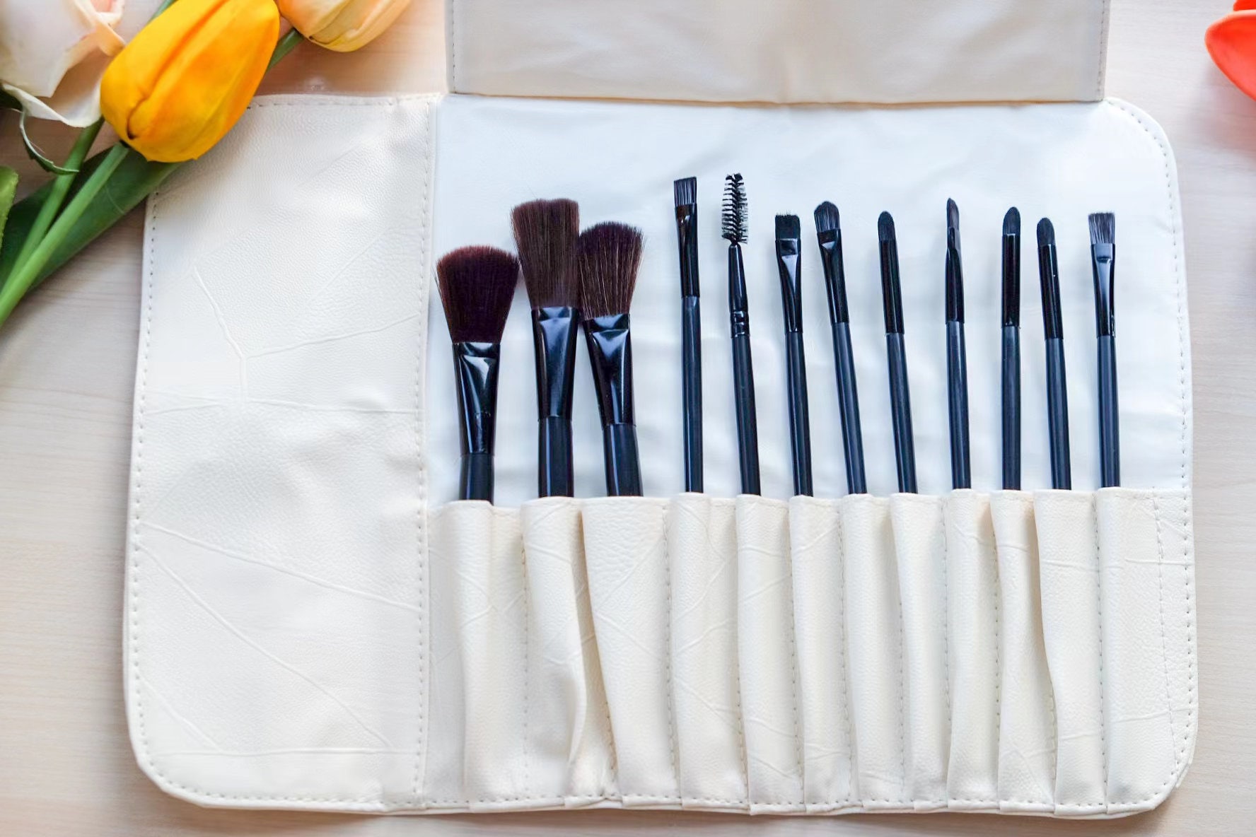 Personalized Makeup Brush Bag Roll Up, White Leather Cosmetic Make up ...