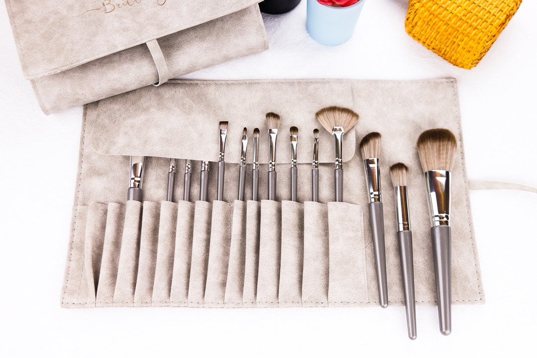 Engraved Makeup Brush Set: 14-piece Cosmetic Brushes, PU Leather Roll ...