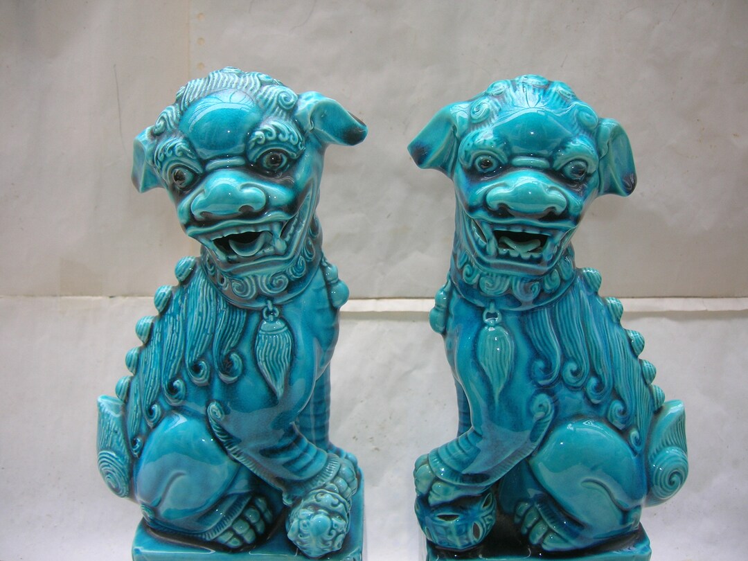 Pair of Fine 10 Turquoise Blue Foo Dogs, Foo Lions, Vintage Chinese ...