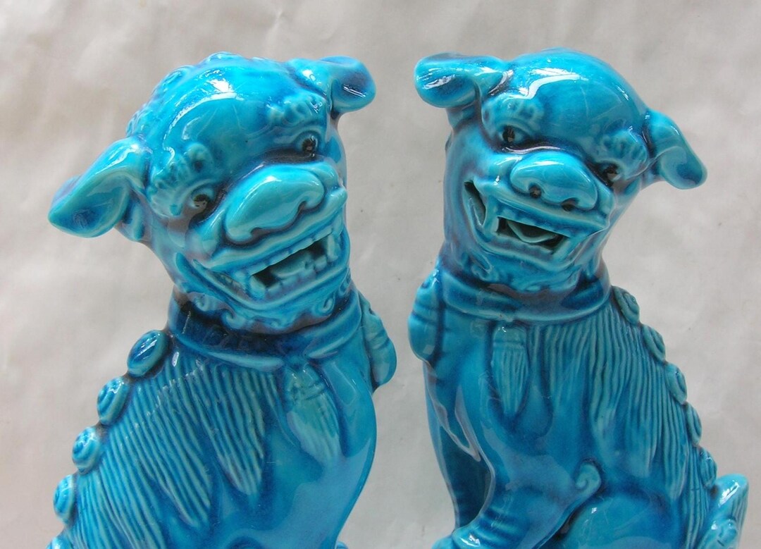 Pair of 6" Turquoise Blue Foo Dogs, Foo Lions, Vintage Chinese ...