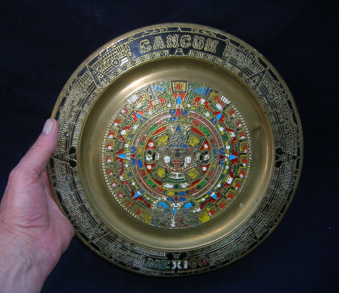 11" Aztec Sun Disk, Vintage Enameled Brass Plate, Cancun Mexico (28 Cm ...