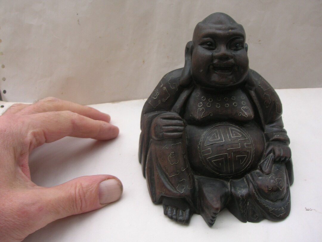 Wooden Laughing Buddha, Hotei, With Silver Wire Inlays, Hand Carved Old ...