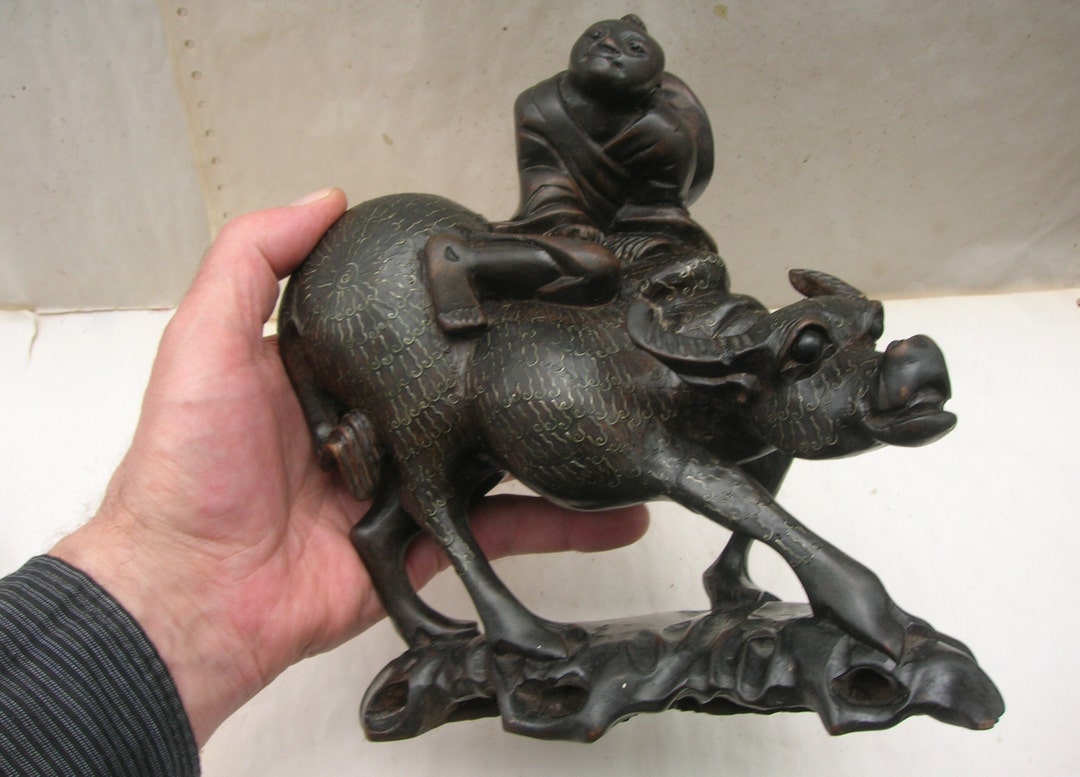 Hand Carved Wooden Figurine - Boy Riding Buffalo, With Silver Wire ...