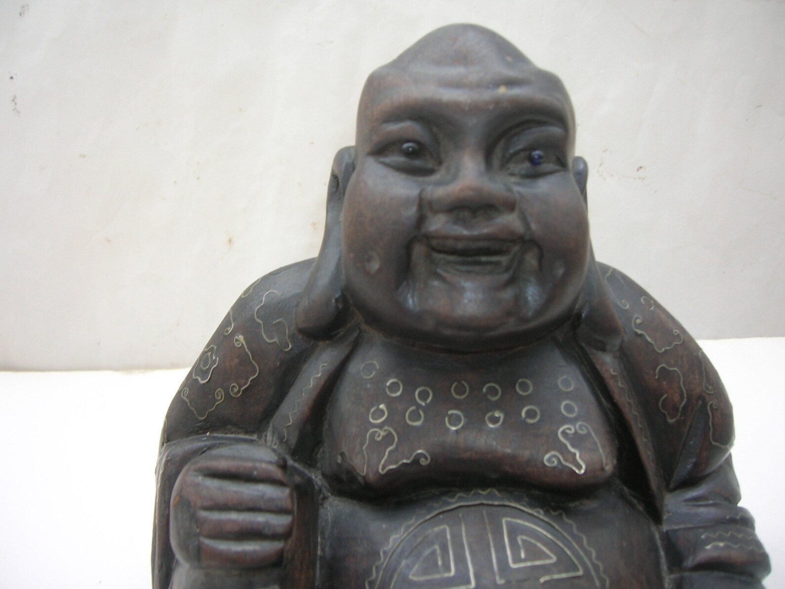 Wooden Laughing Buddha, Hotei, With Silver Wire Inlays, Hand Carved Old ...
