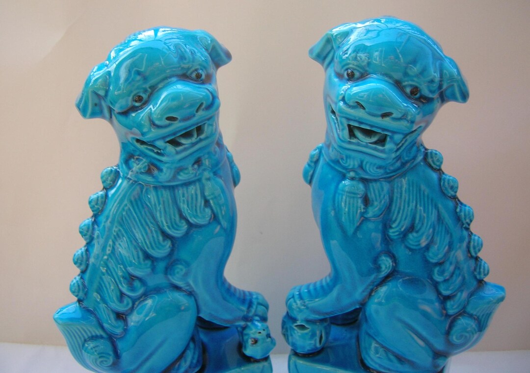 Pair of 8" Turquoise Blue Foo Dogs, Foo Lions, Vintage Porcelain (21 Cm ...