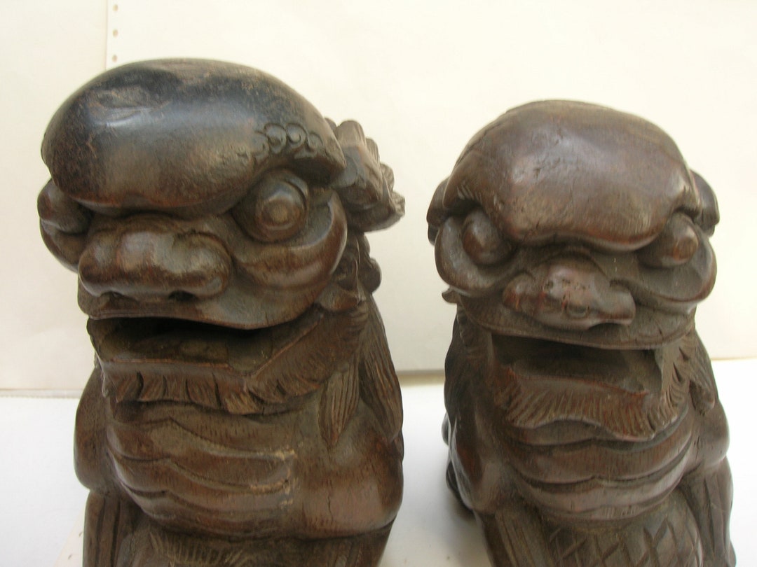 Pair of Old Vintage Foo Dogs, Foo Lions, Hand Carved From Bamboo Root ...
