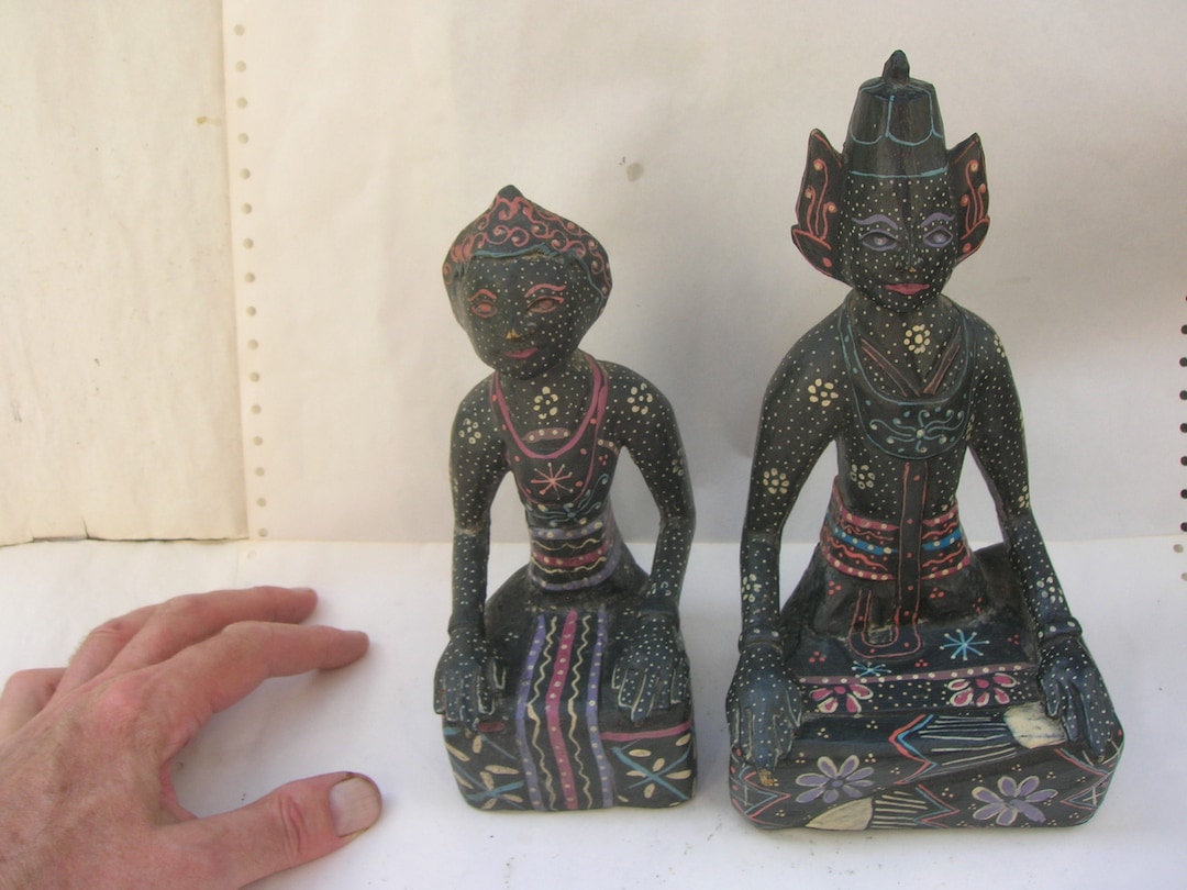 2 X Vintage Burmese Wood Carvings, Male and Female, Hand Painted With ...