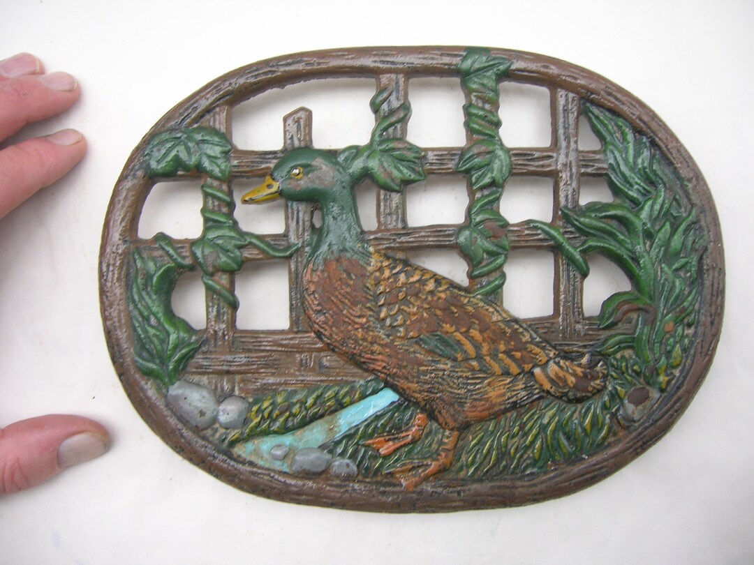 Vintage Cast Iron Trivet, Hot Pot Stand, With Duck in Farmyard Design ...