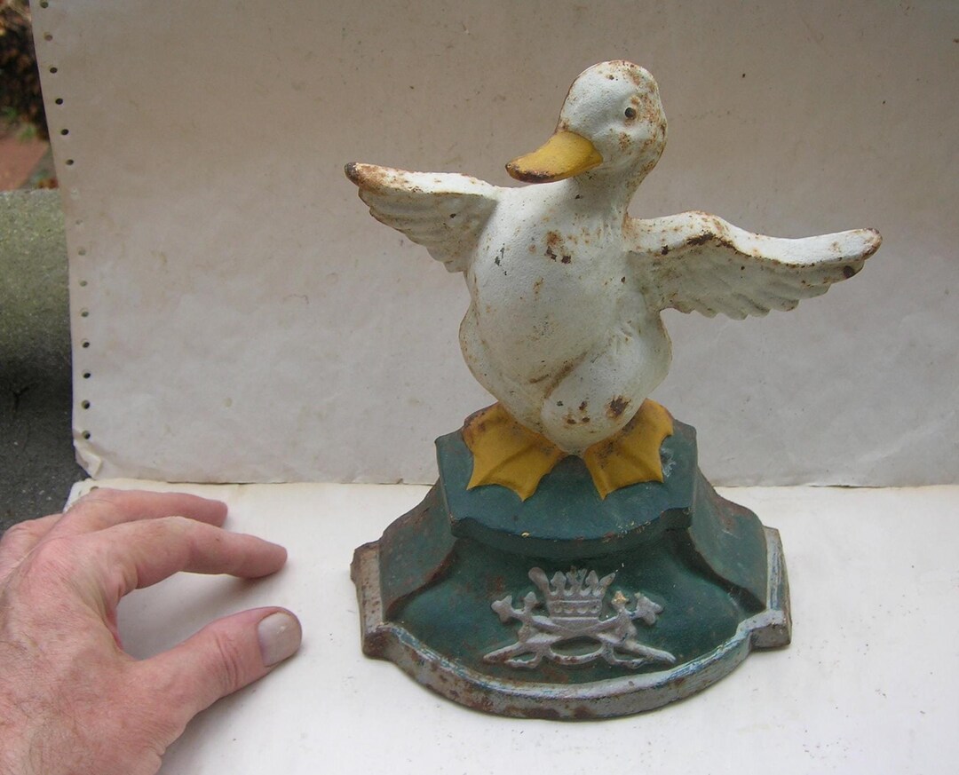Rusty Old Door-stop, White Duck on a Pedestal, Old Vintage Cast Iron ...