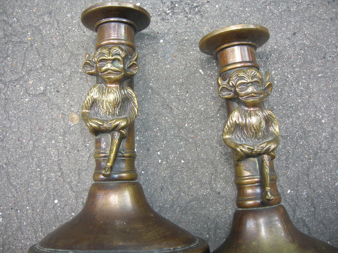 2 X Antique Lincoln Imp Candlesticks, Very Tarnished Brass (14 Cm Tall ...
