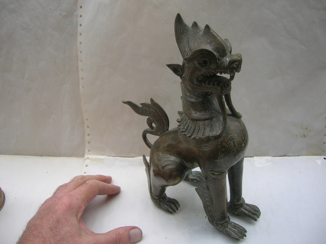 9.5" Antique Burmese Foo Dog, Foo Lion, Chinthe, With Fine Engraved Decoration, in Tarnished and ...