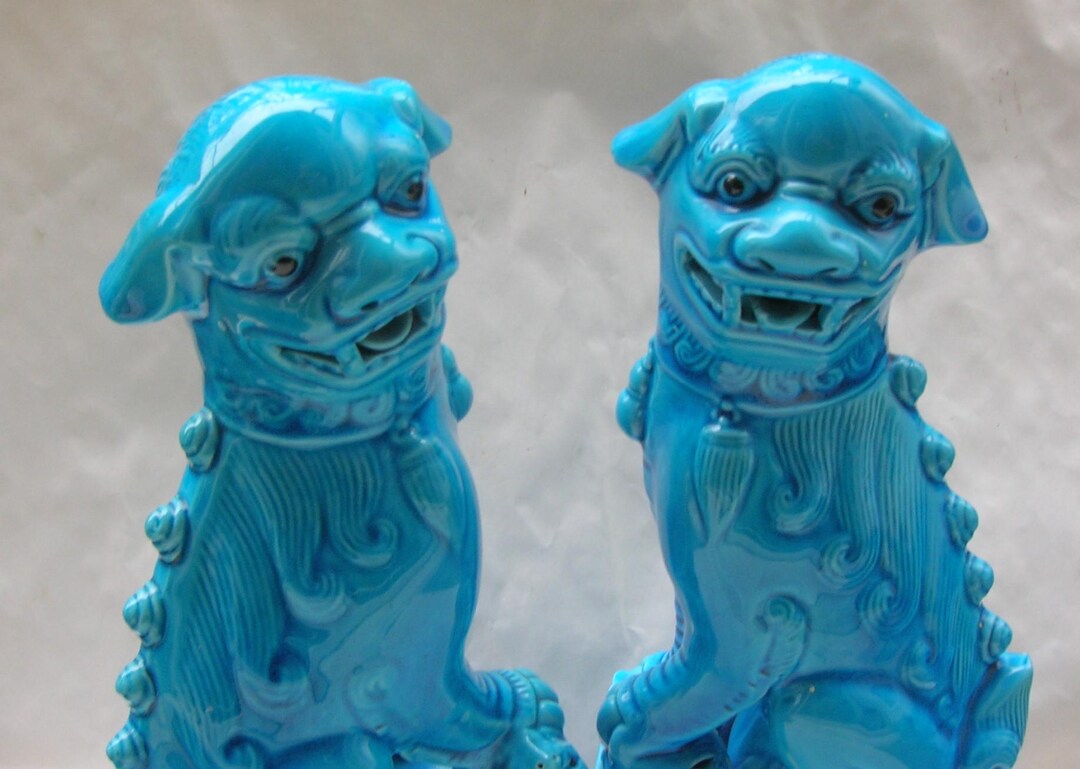 Pair of 10" Turquoise Blue Foo Dogs, Foo Lions, Vintage Chinese ...