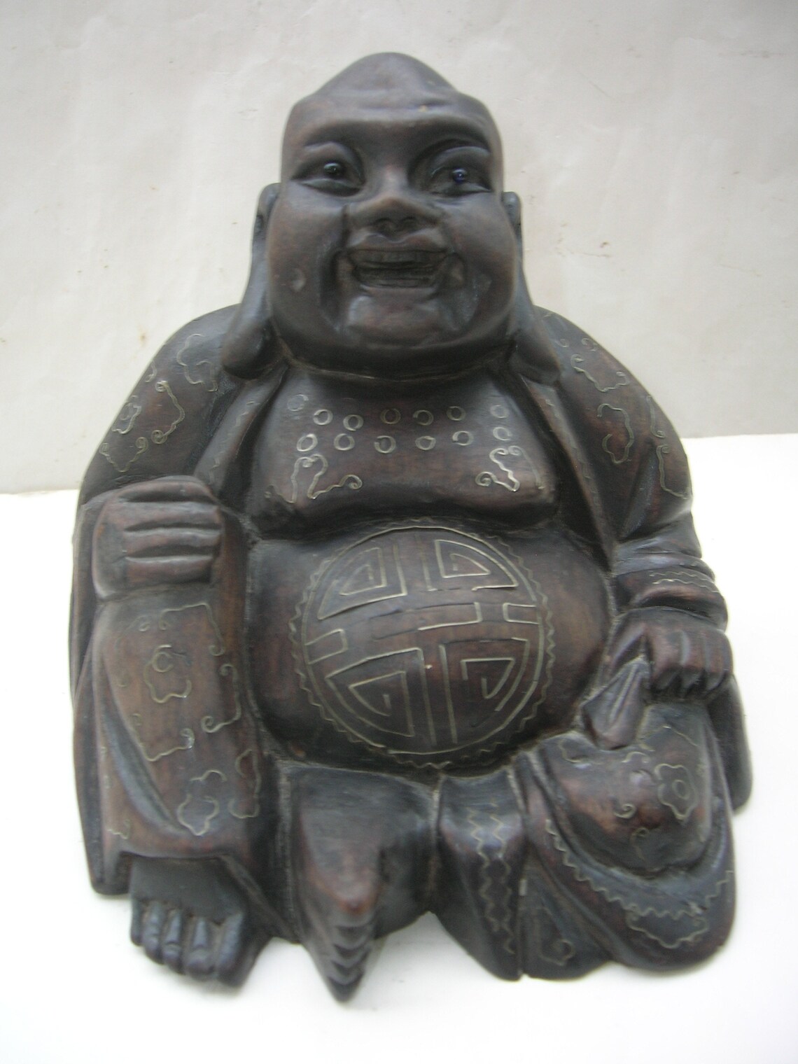 Wooden Laughing Buddha, Hotei, With Silver Wire Inlays, Hand Carved Old ...