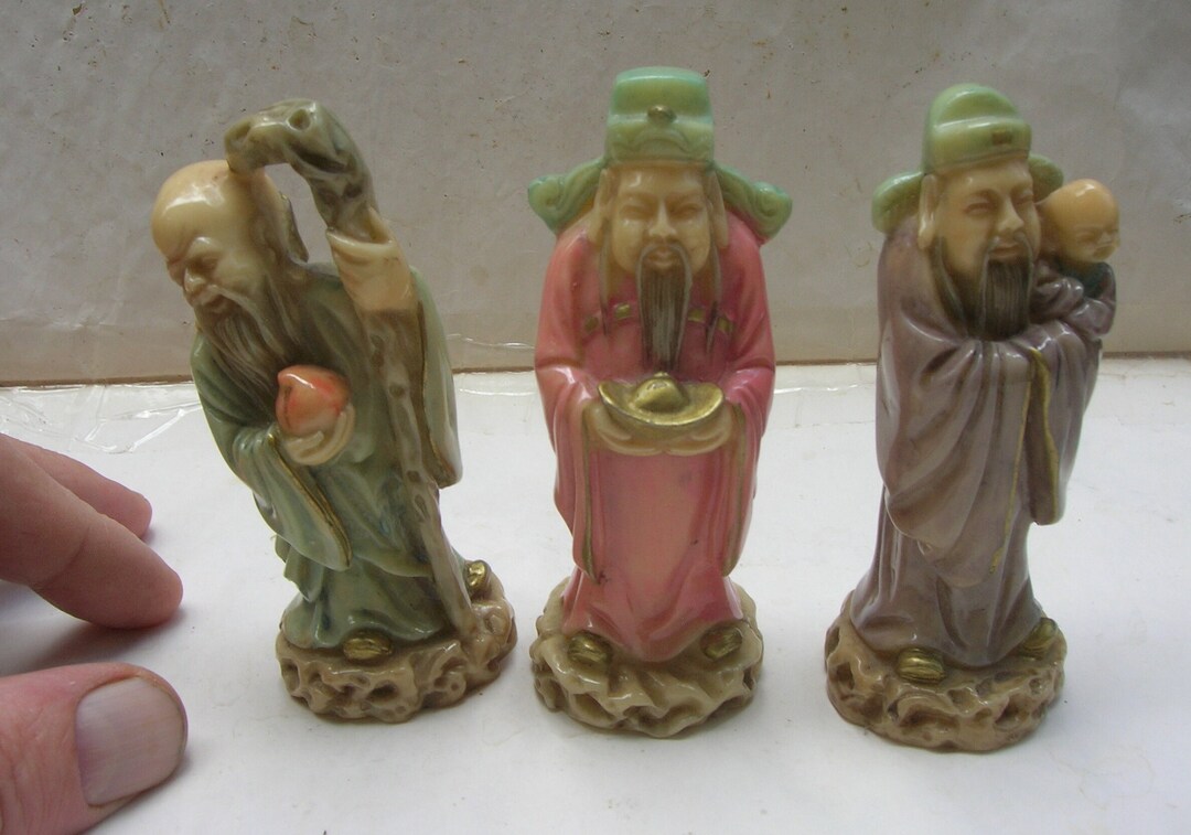 Three Chinese Star Gods sanxing Shou, Lu and Fu in Vintage Solid Resin ...