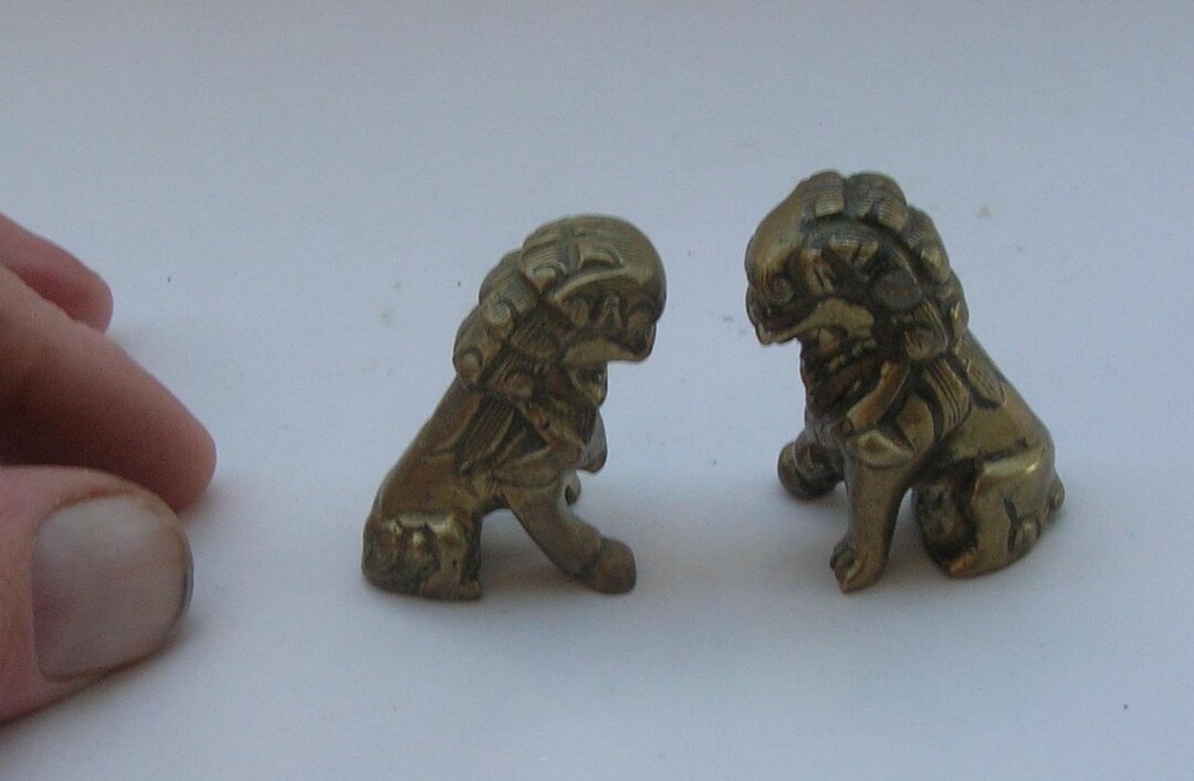 Pair of Miniature Foo Dogs, Foo Lions, Old Vintage Solid Brass (3.5 & 4 ...