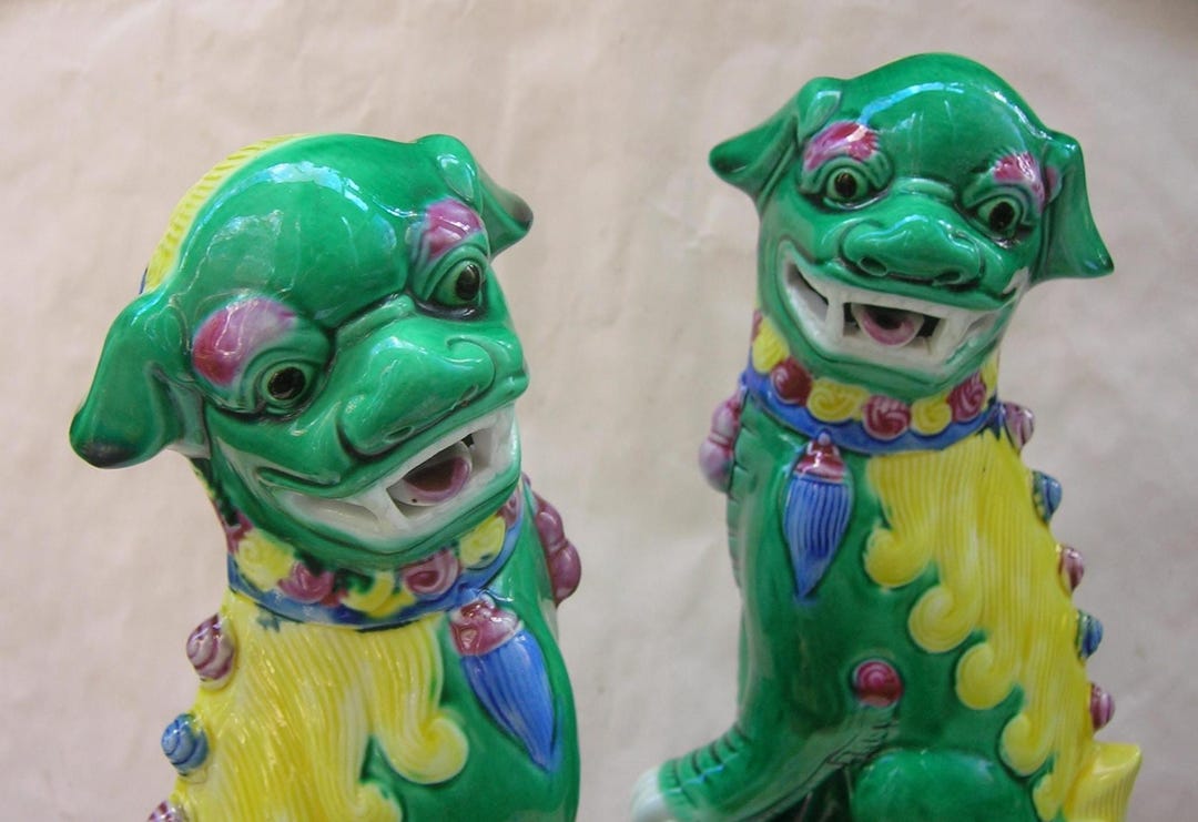 Pair of 10" Green and Yellow Foo Dogs, Foo Lions, Vintage Chinese ...