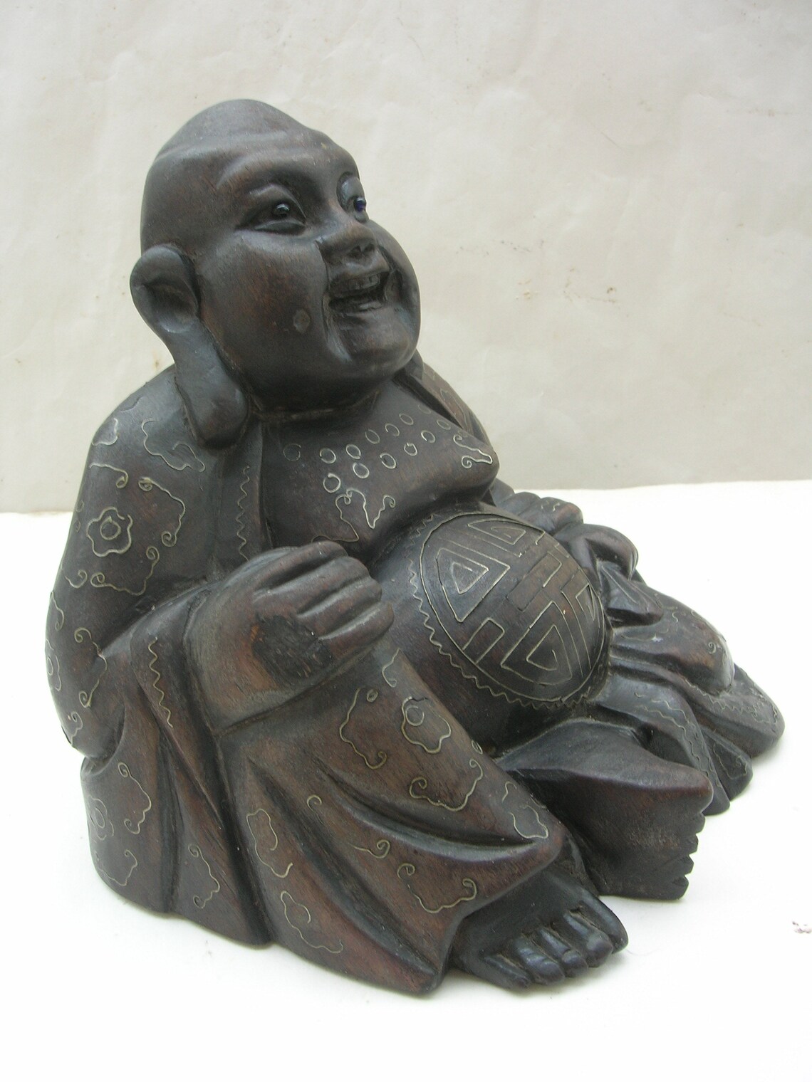 Wooden Laughing Buddha, Hotei, With Silver Wire Inlays, Hand Carved Old ...