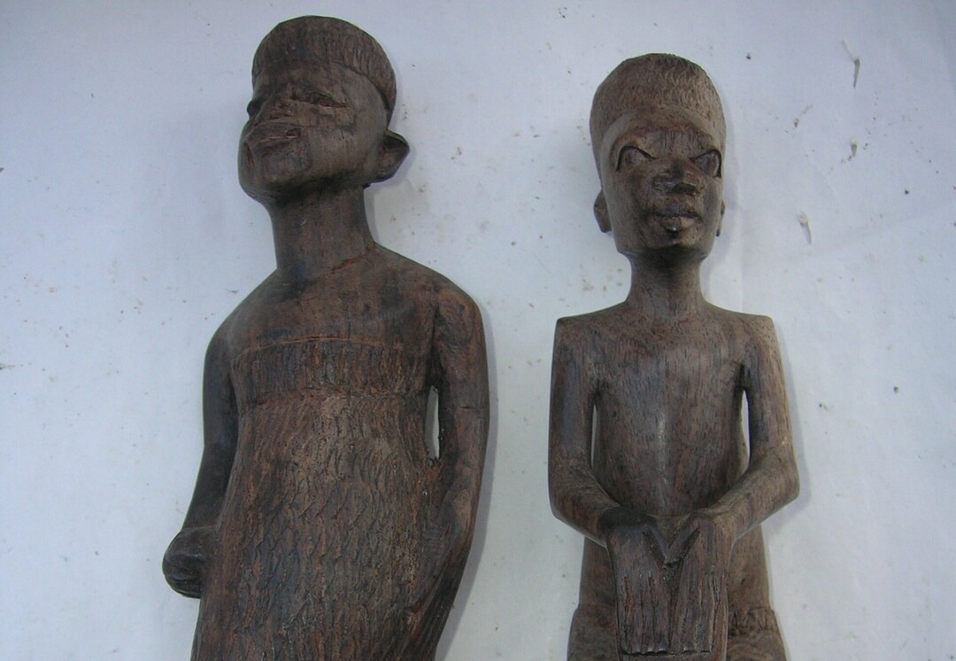 Pair of Old African, Kenyan, Wood Carvings - Male Drummer and Standing ...