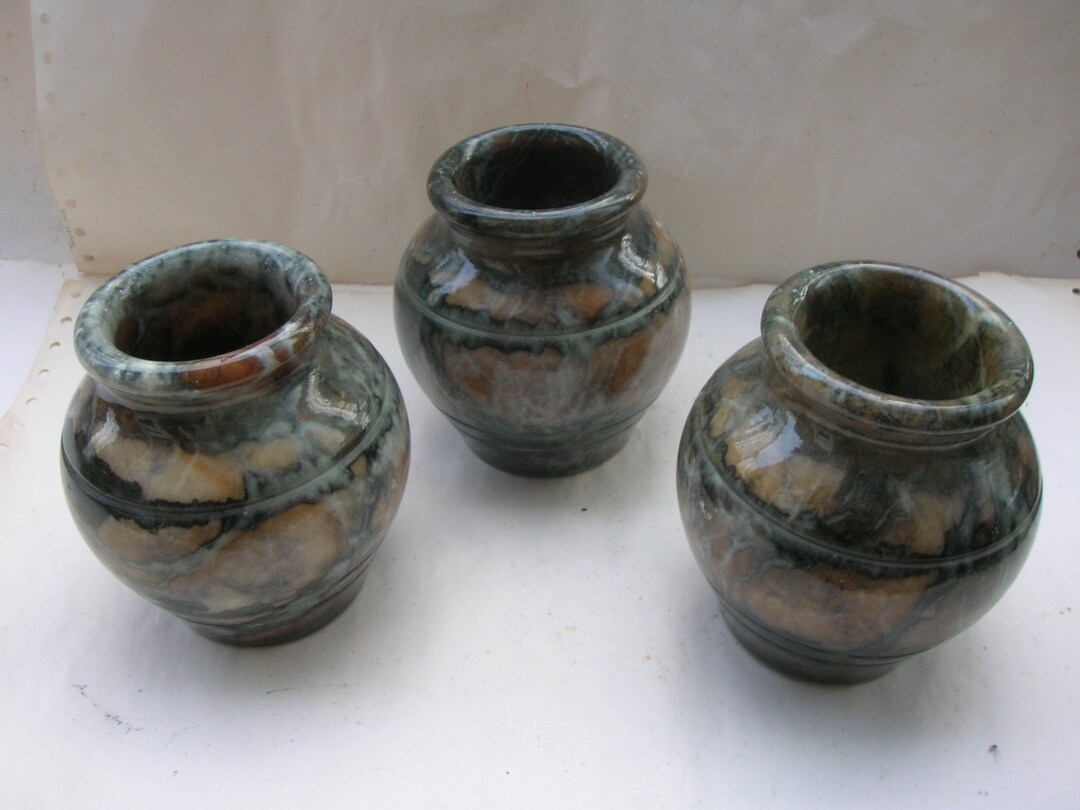 Set of Three Vintage Spanish Alabaster Pots, Stone Vases (3.5" or 9 Cm ...