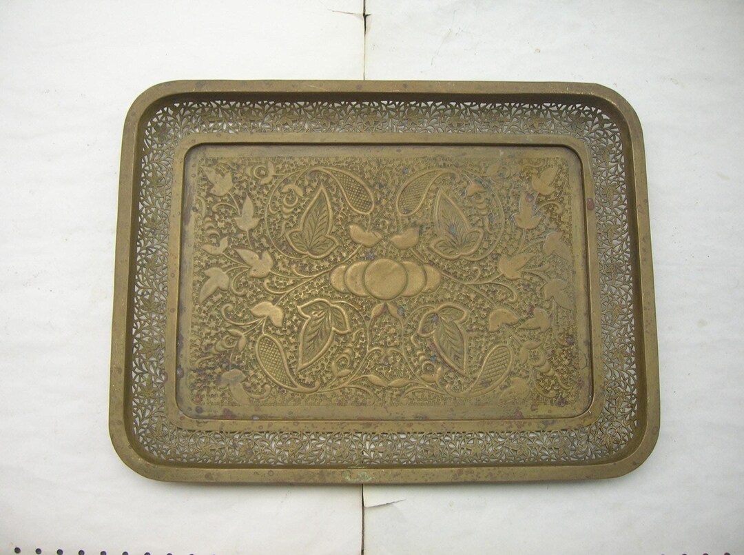 Vintage Tea Tray With Floral Design and Cutaway Border, Tarnished ...