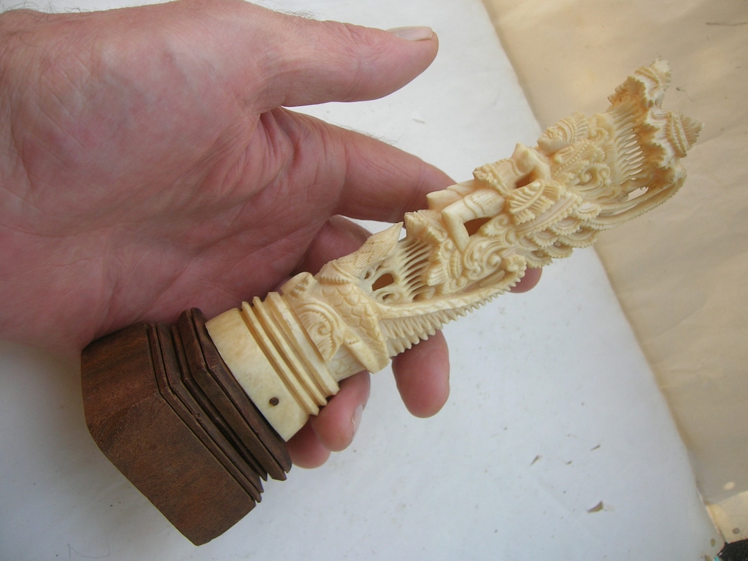 7.25" Vintage Balinese Cow Bone Carving on Wooden Base, Very Fine ...