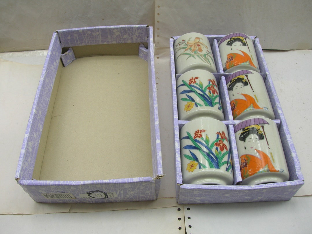 Boxed Set of 6 Saki Cups With Transfer Designs, Vintage Japanese ...