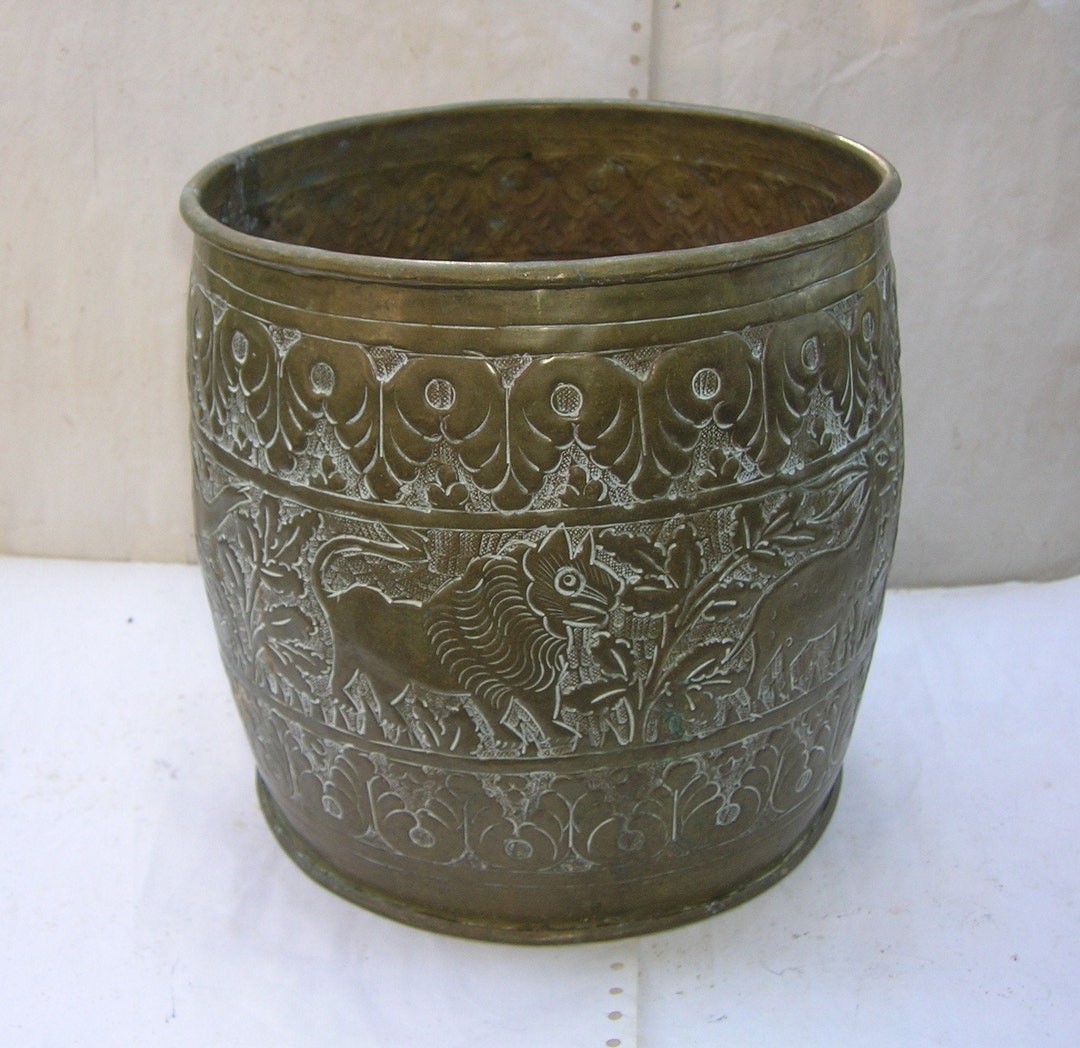 Large Indian Planter With Jungle Animals Scene, Old Vintage Brass 8 or ...