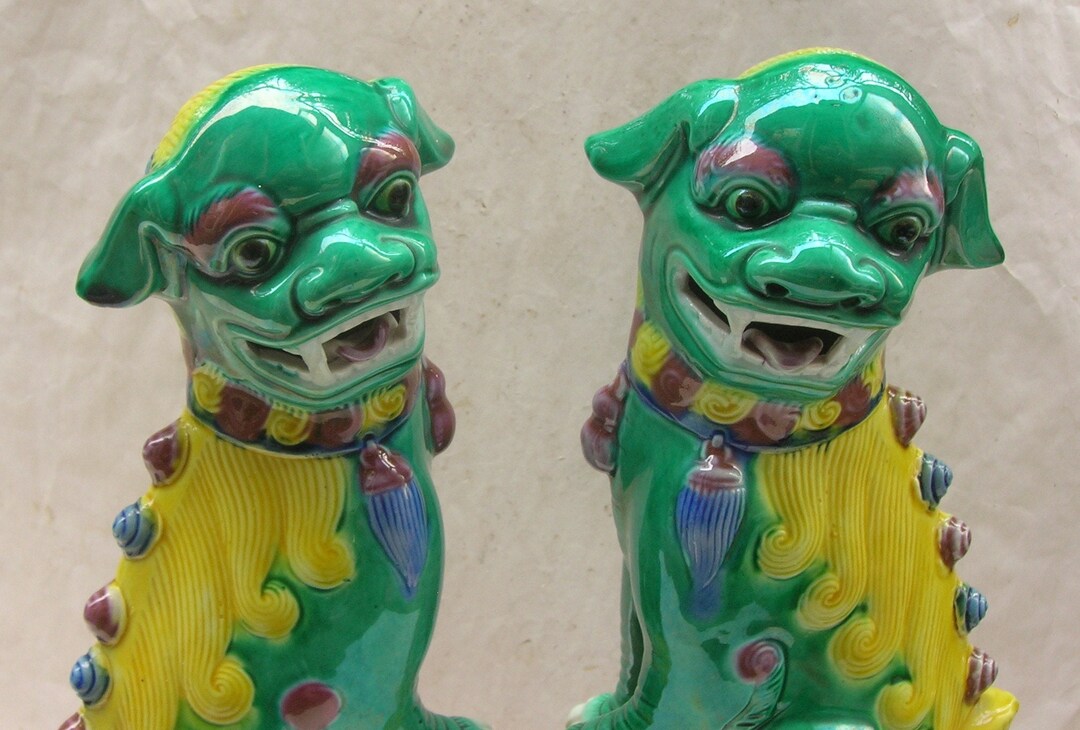 Pair of 10 Green and Yellow Foo Dogs, Foo Lions, Vintage Chinese ...