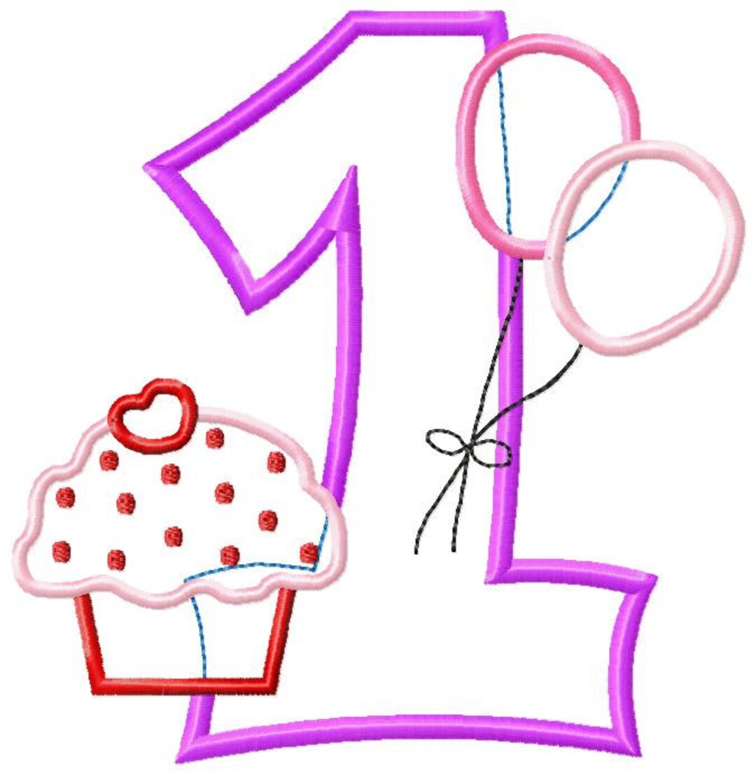 1 Year Old Birthday Balloons Cupcake Applique Design Download - 5x7 ...