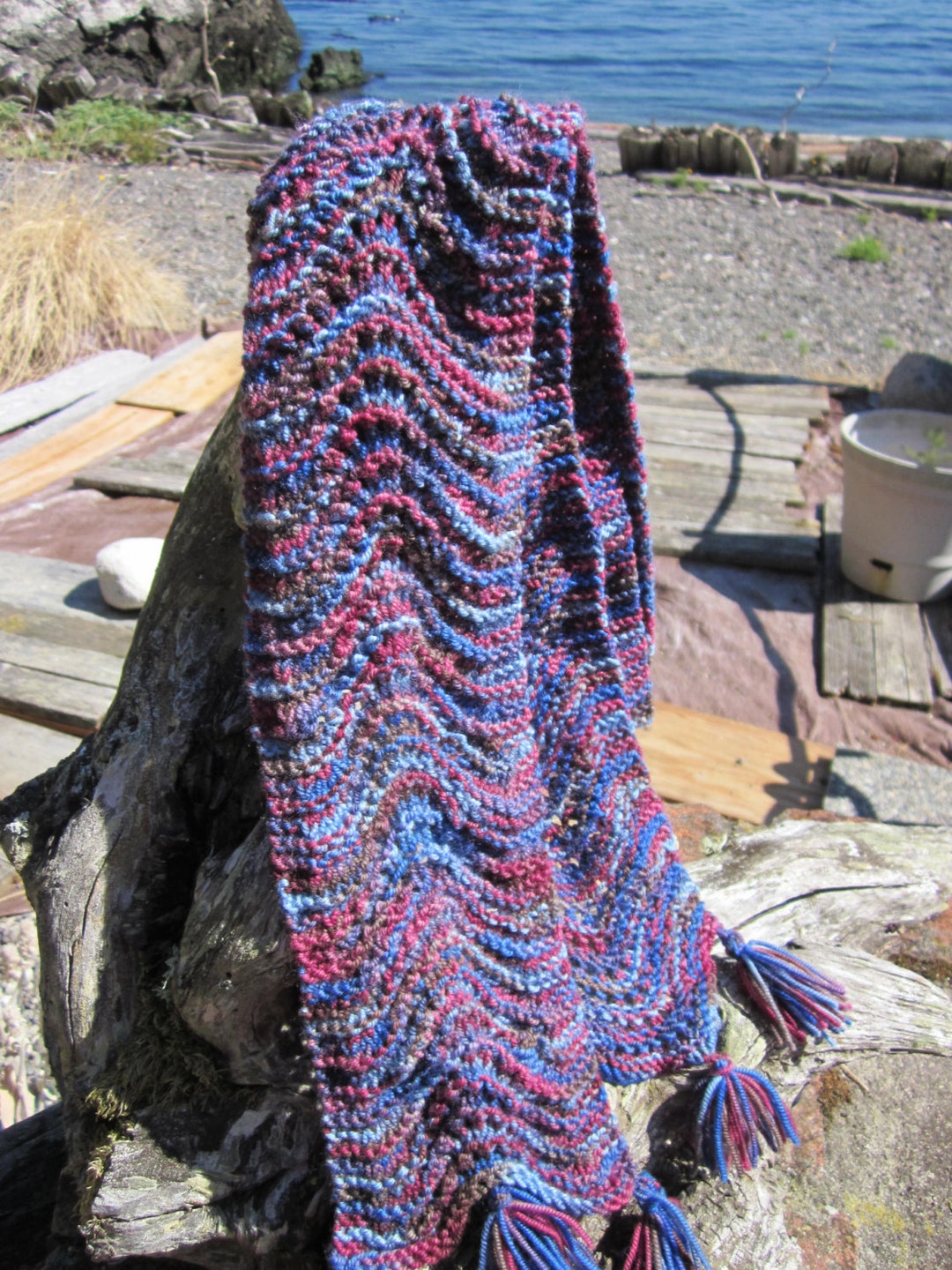 Hand Knit Ripple Scarf Lace Pattern Feather & Fan Fair Trade Yarn Hacho ...