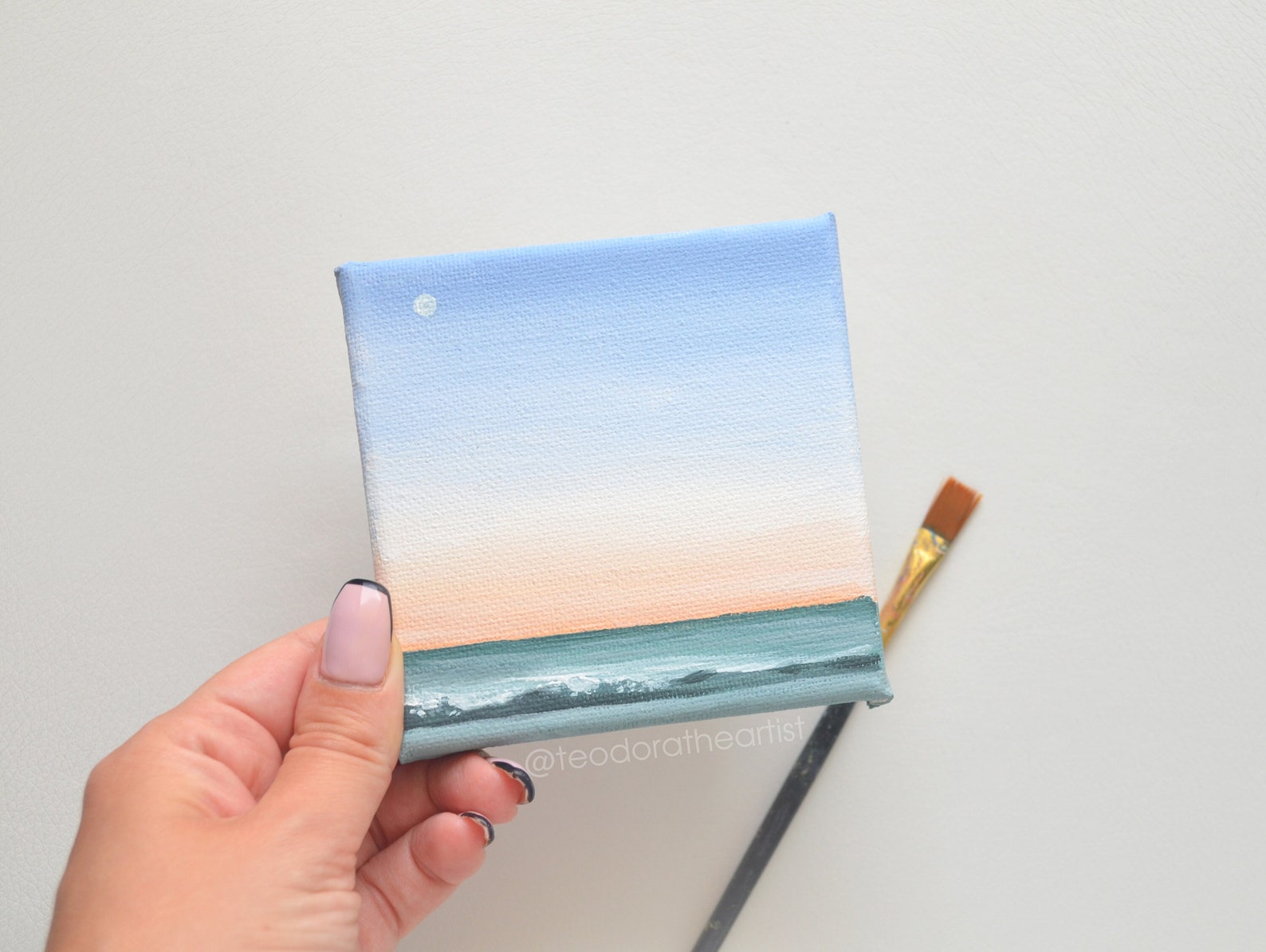 Mini Canvas Painting Ocean, Sunset & Moon Original Acrylic Painting ...