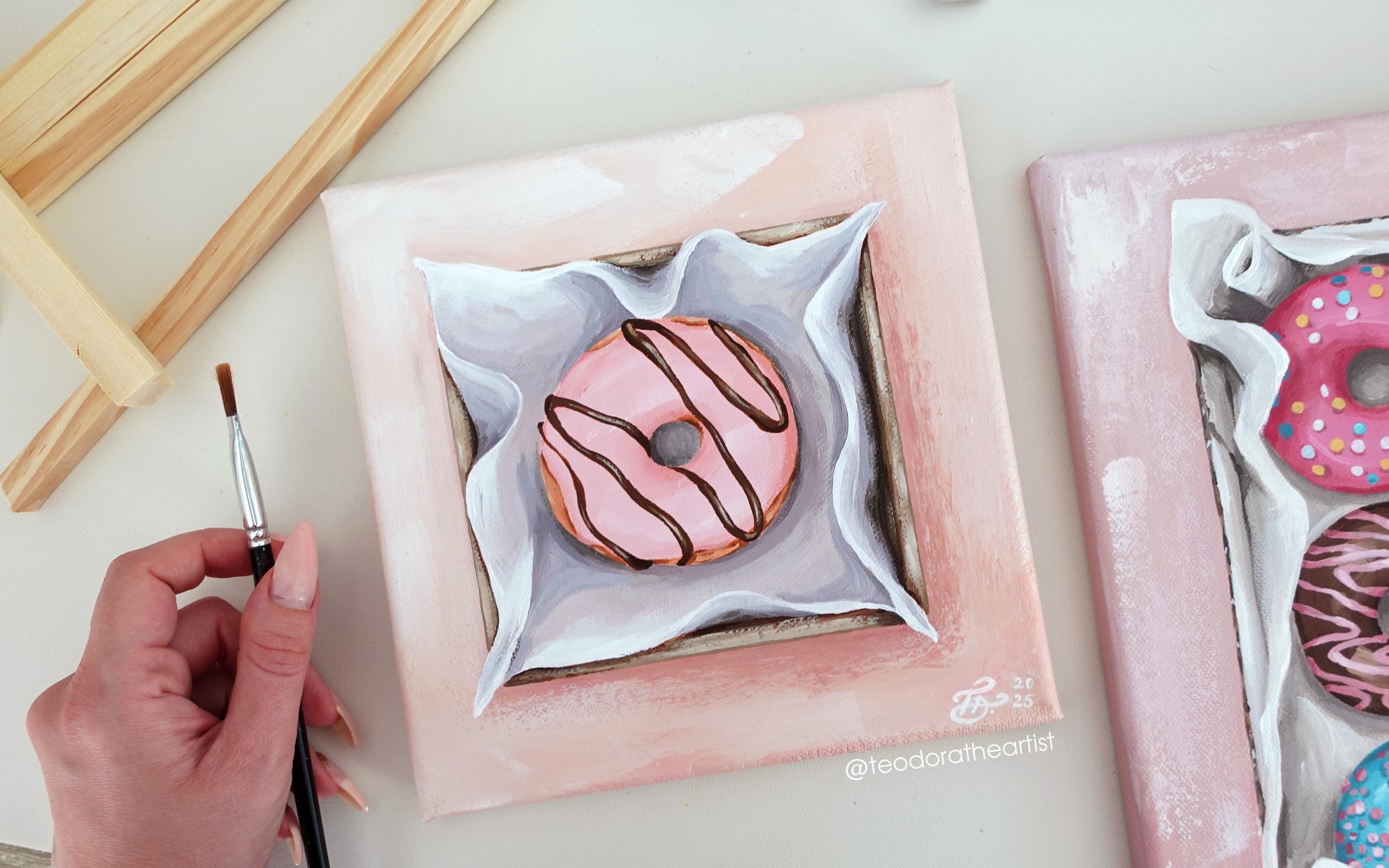 Original Pink Donut Painting on Small Canvas | Cute Kitchen Wall Art ...