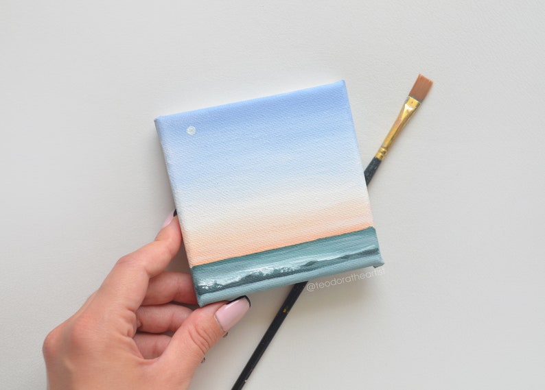 Mini Canvas Painting Ocean, Sunset & Moon Original Acrylic Painting ...