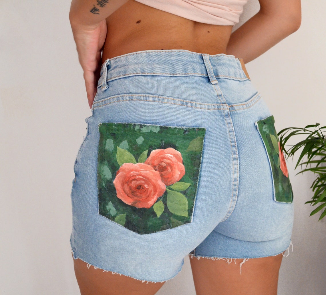 Roses Hand Painted Jeans High Waisted Denim Shorts - Etsy