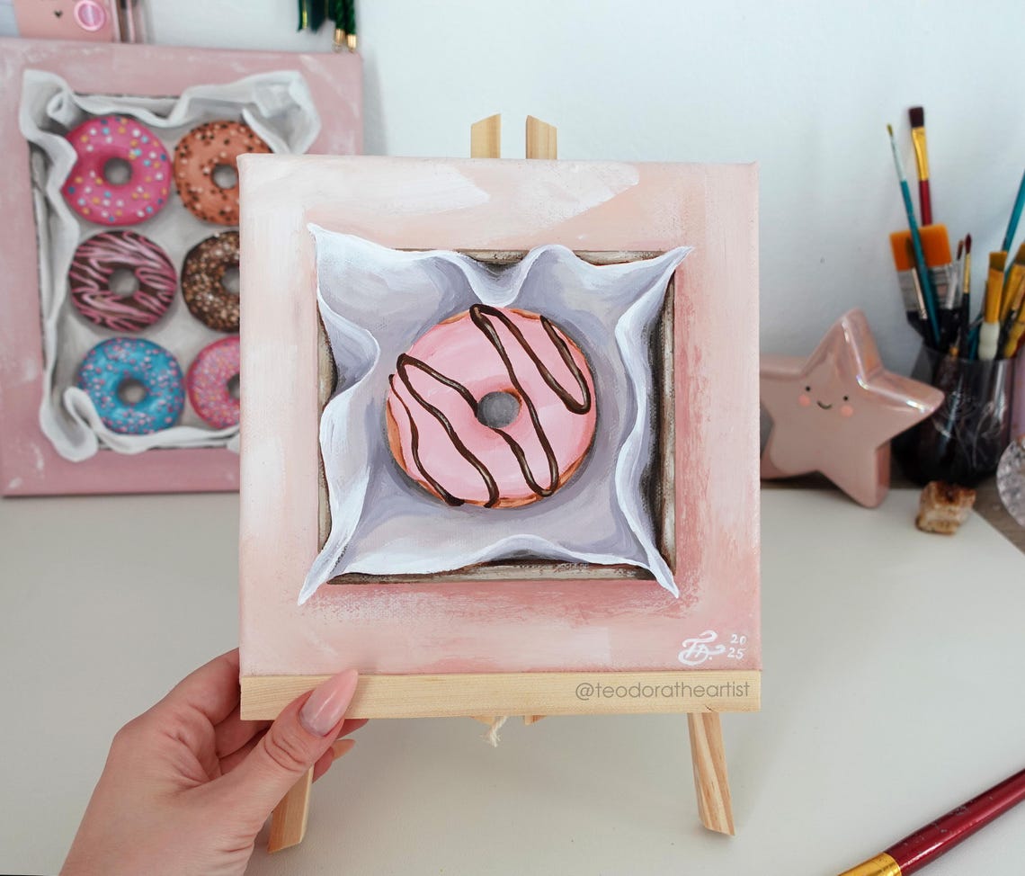 Original Pink Donut Painting on Small Canvas | Cute Kitchen Wall Art ...