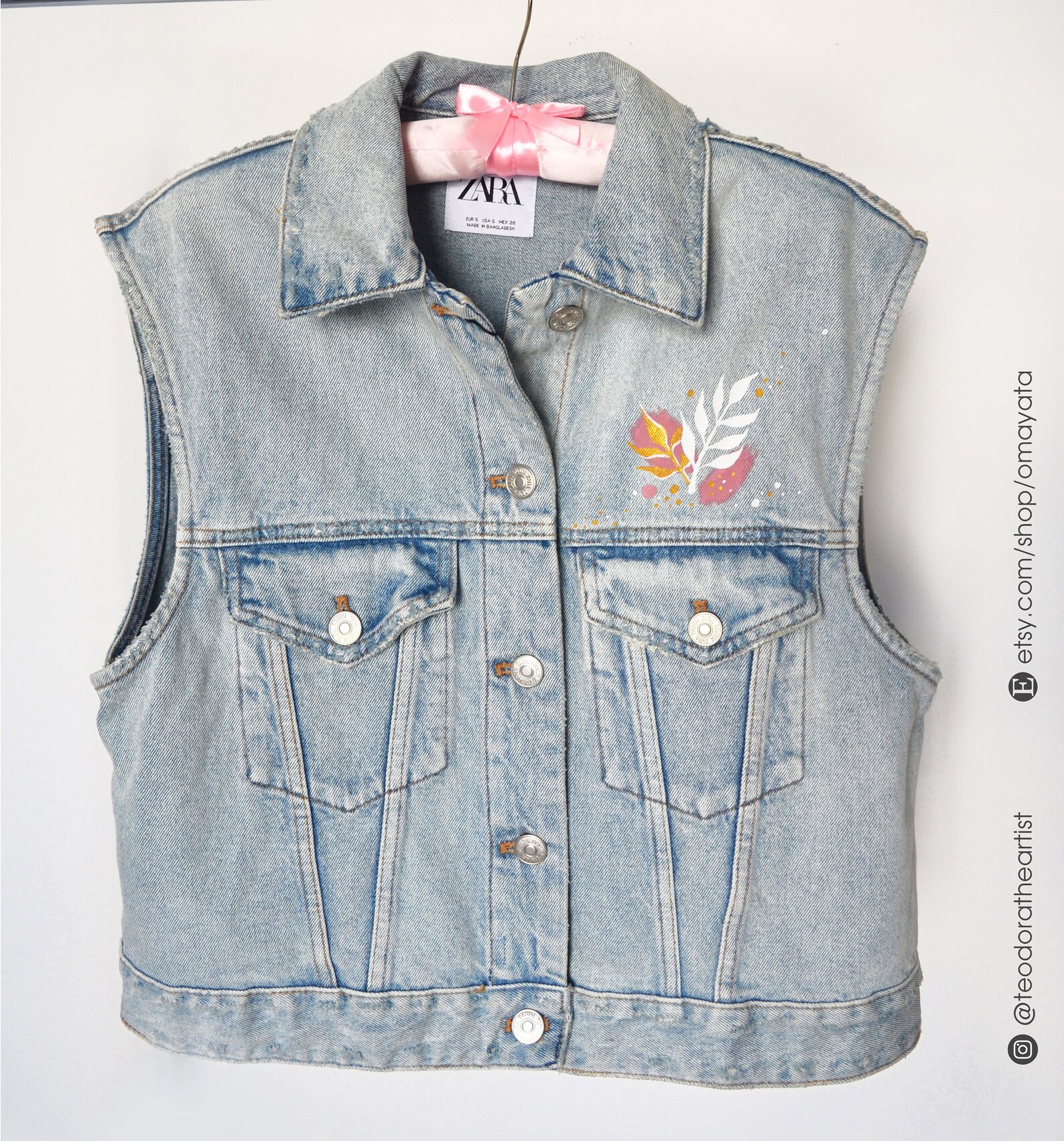 Hand Painted Denim Vest - Original Line Art of Woman Silhouette, Peony ...